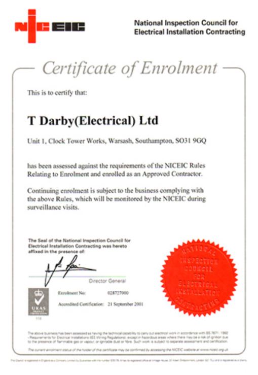 Certifications | T. Darby (Electrical) Ltd